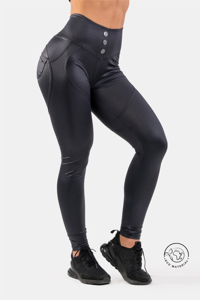 High Waist Glossy Look Bubble Butt Pants Volcanic Black 586 - NEBBIA